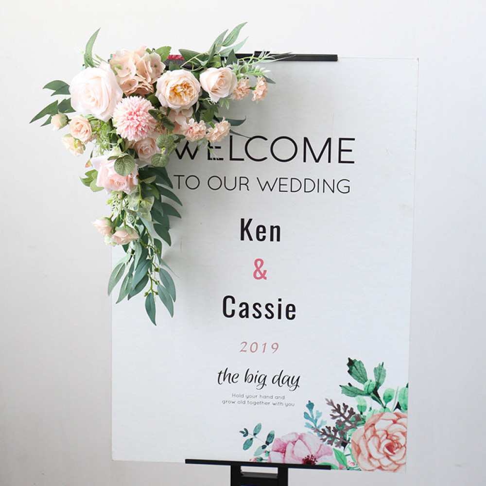 floral arrangement for signage, wedding welcome signage, shop open ...