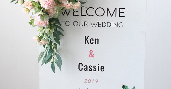 floral arrangement for signage, wedding welcome signage, shop open ...