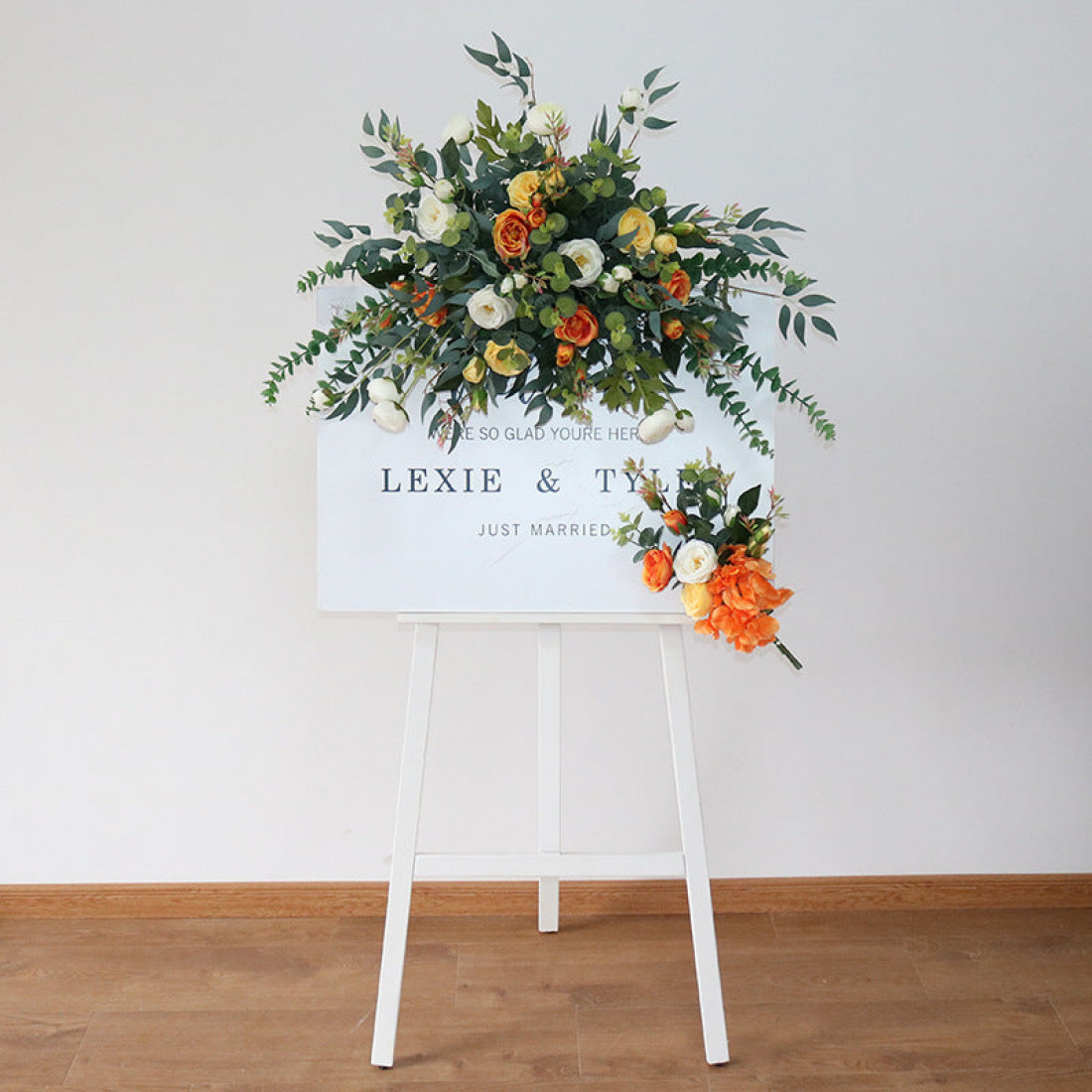 floral arrangement for signage, wedding welcome signage, shop open ...
