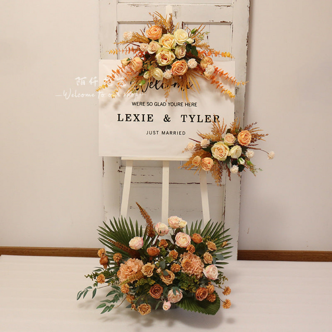 floral arrangement for signage, wedding welcome signage, shop open ...