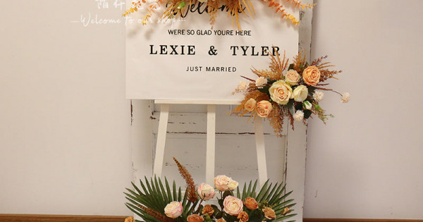 floral arrangement for signage, wedding welcome signage, shop open ...