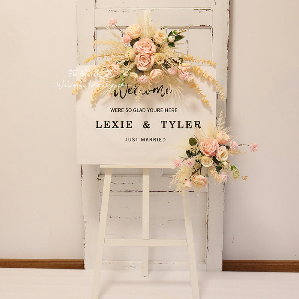 floral arrangement for signage, wedding welcome signage, shop open ...