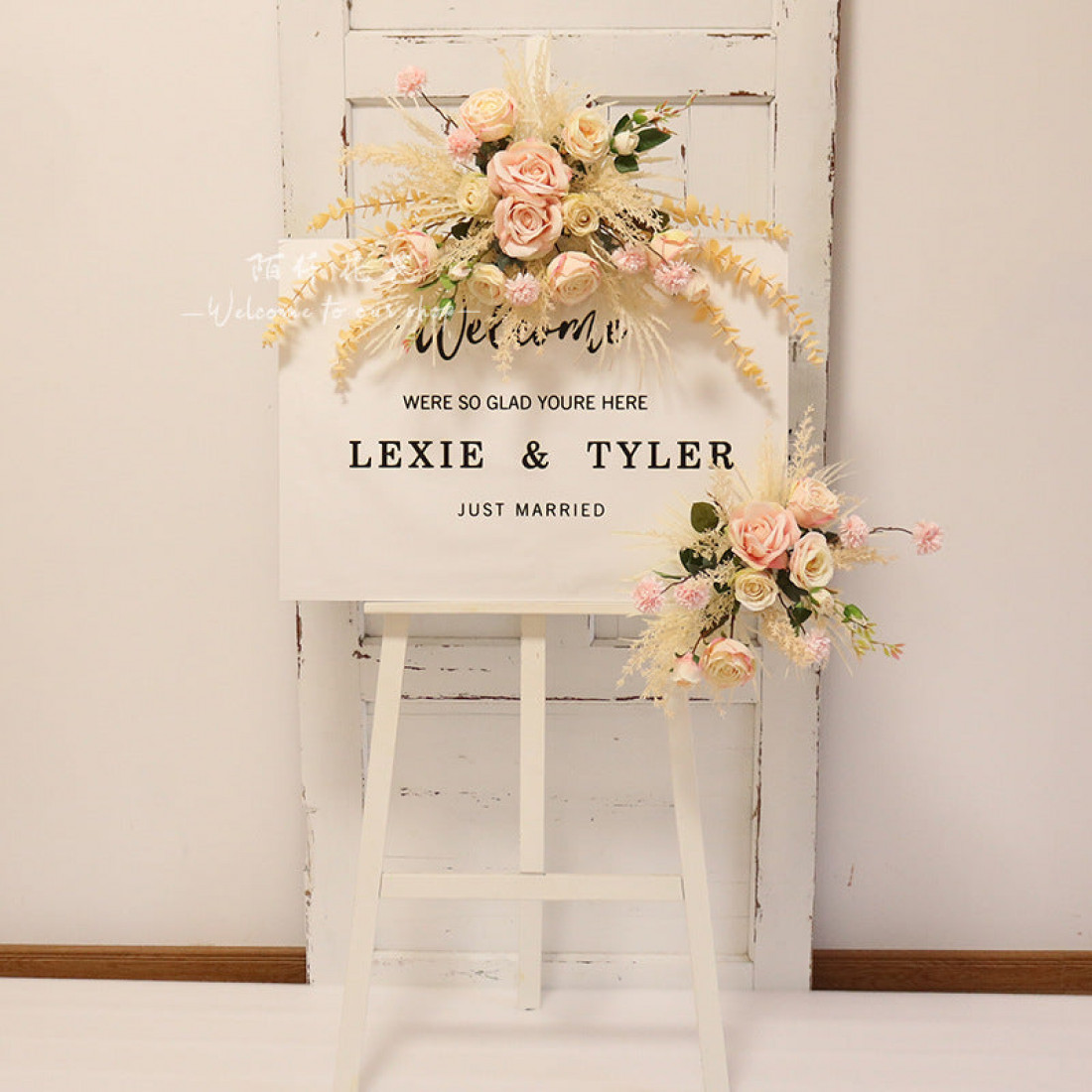 floral arrangement for signage, wedding welcome signage, shop open ...